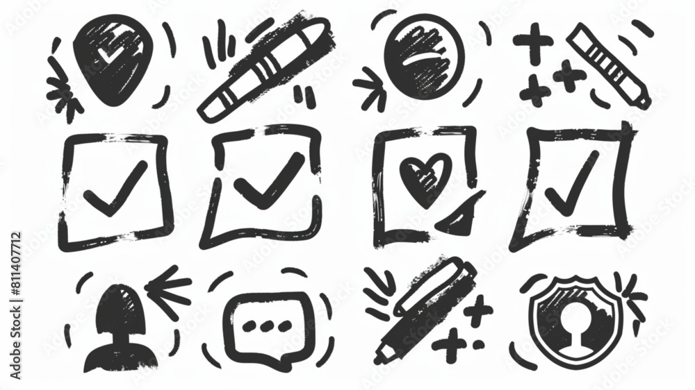 Doodle check marks. Hand drawn symbols for checking and voting, task list checkbox with cross ...