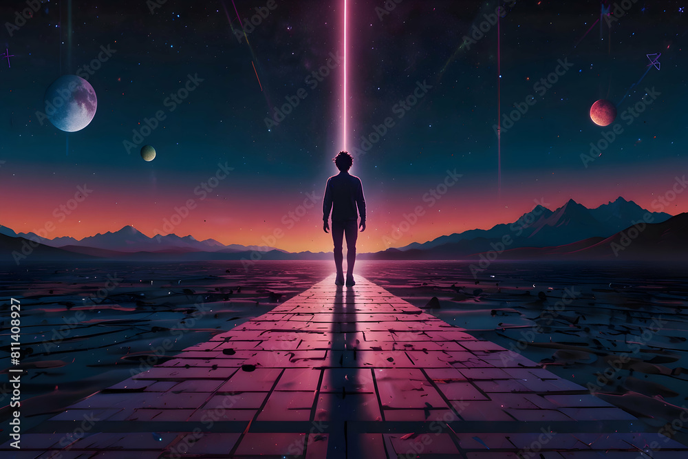 A modern reimagining of "The Fool" as a Tarot card in a synthwave ...