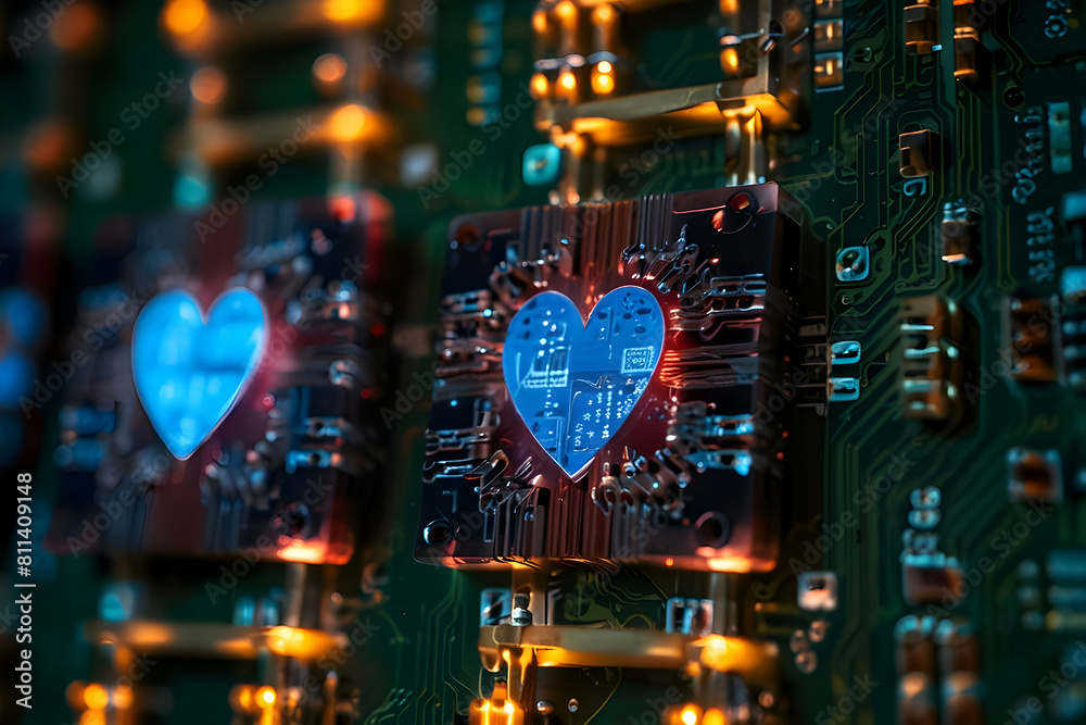 glowing heart-shaped microchip, PCB, dozens of soldered connectors ...