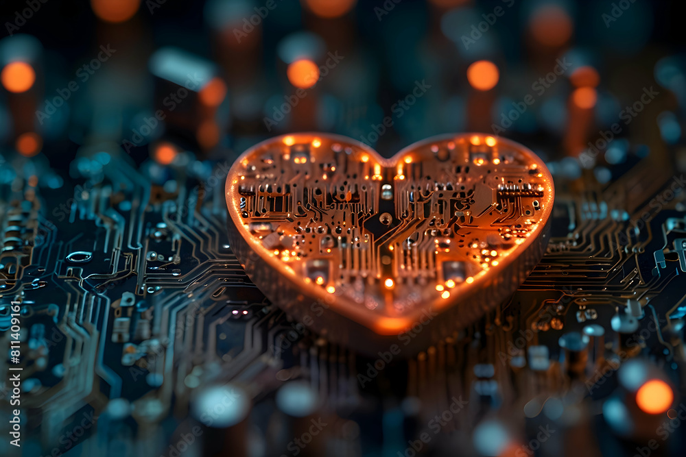 glowing heart-shaped microchip, PCB, dozens of soldered connectors ...