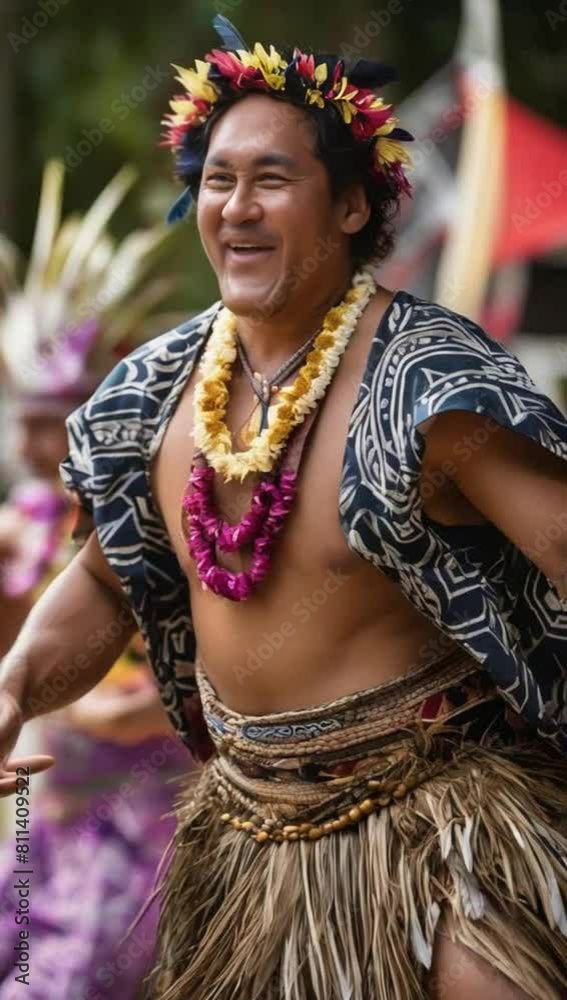 A Pacific Islander man dancing at a cultural celebration award winnin ...