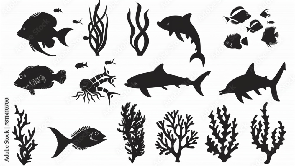 marine animals and fish, seaweed silhouette ,on white background ...