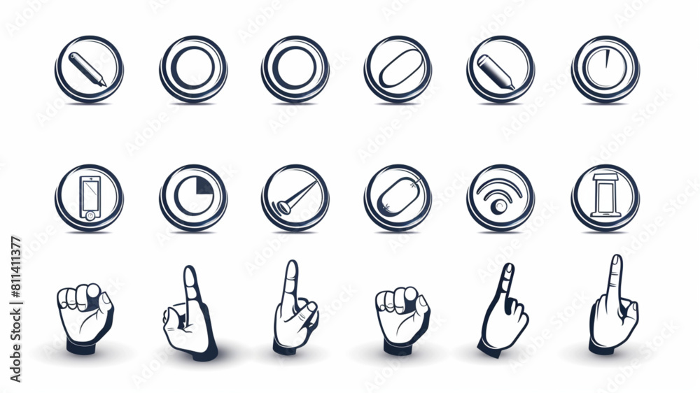 Pointer click cursor icon. Web outline pictogram cursors arrow, computer hand, finger and wait ...