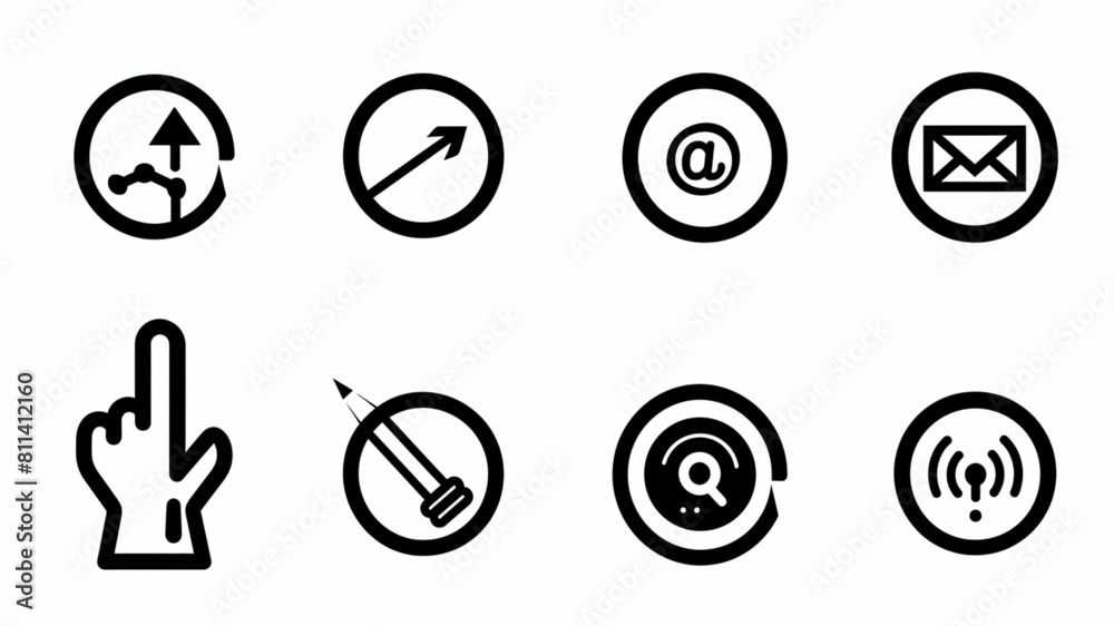 Pointer click cursor icon. Web outline pictogram cursors arrow, computer hand, finger and wait ...