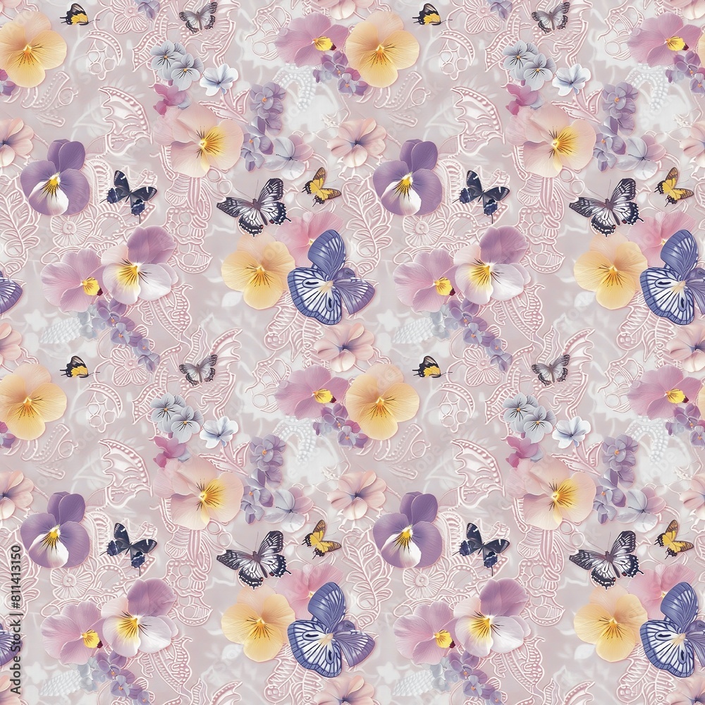 Bees, flowers, butterflies, pastel colors lace pattern, C-True viola ...