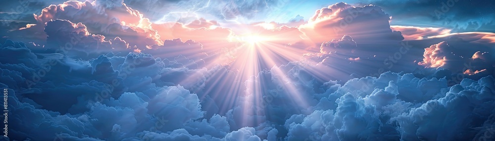 The radiant beams of divine light descending from the heavens symbolize ...