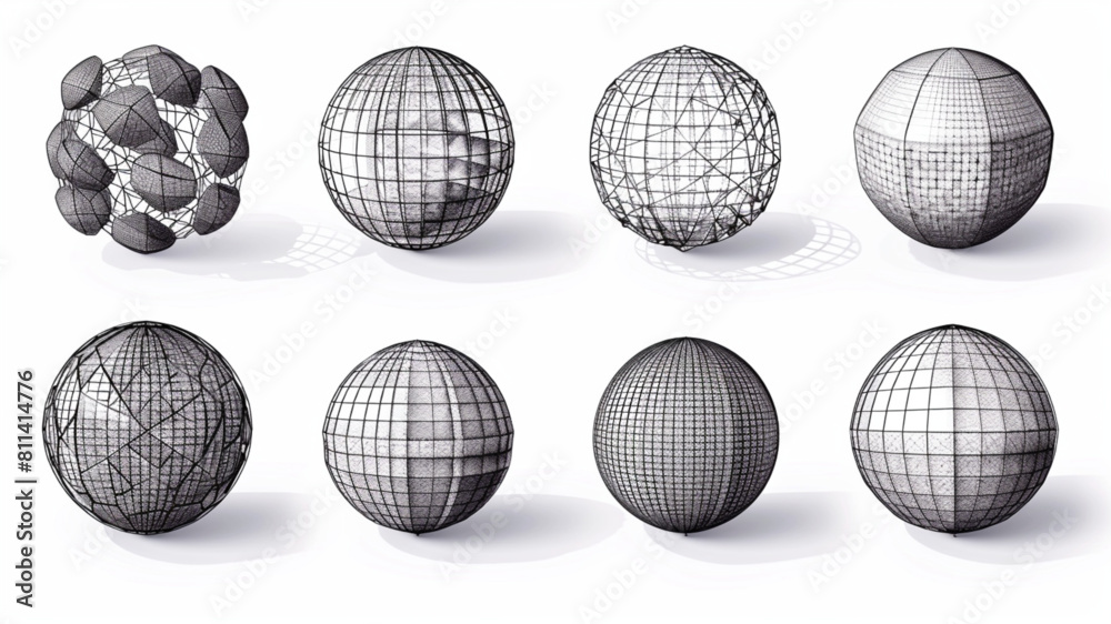 3D spheres grids. Globe meshes, ball in various position. Striped 3D ...