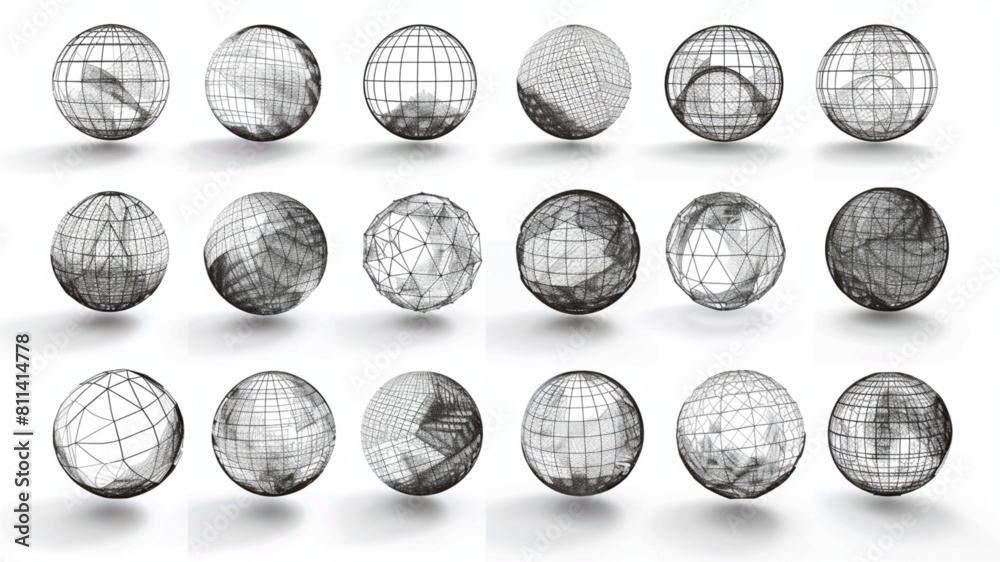 3D spheres grids. Globe meshes, ball in various position. Striped 3D ...