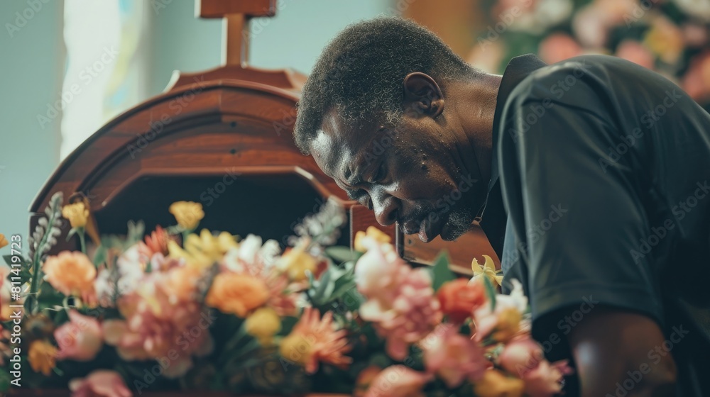 Funeral coffin, death and black man sad, grieving and mourning loss of ...