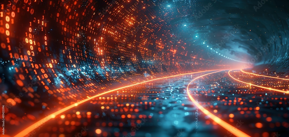 Abstract highway path through digital binary towers in city. 3D rendering Concept of big data ...