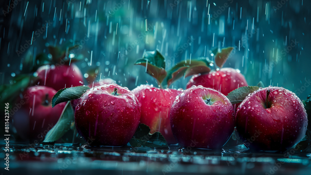 Orchard full of beautiful organic Apple, rain falling from the sky ...
