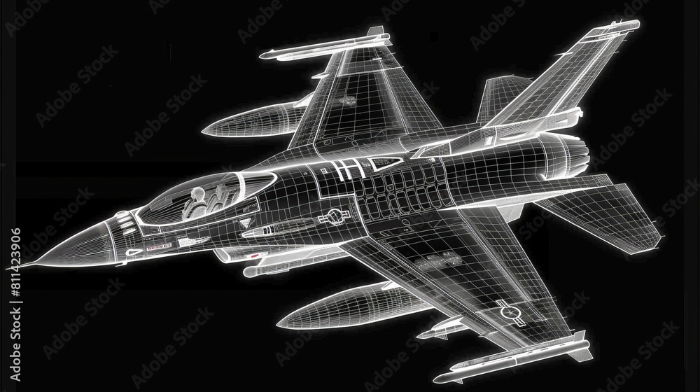 Schematic Illustration of a Fighter Jet on Black Background Stock ...