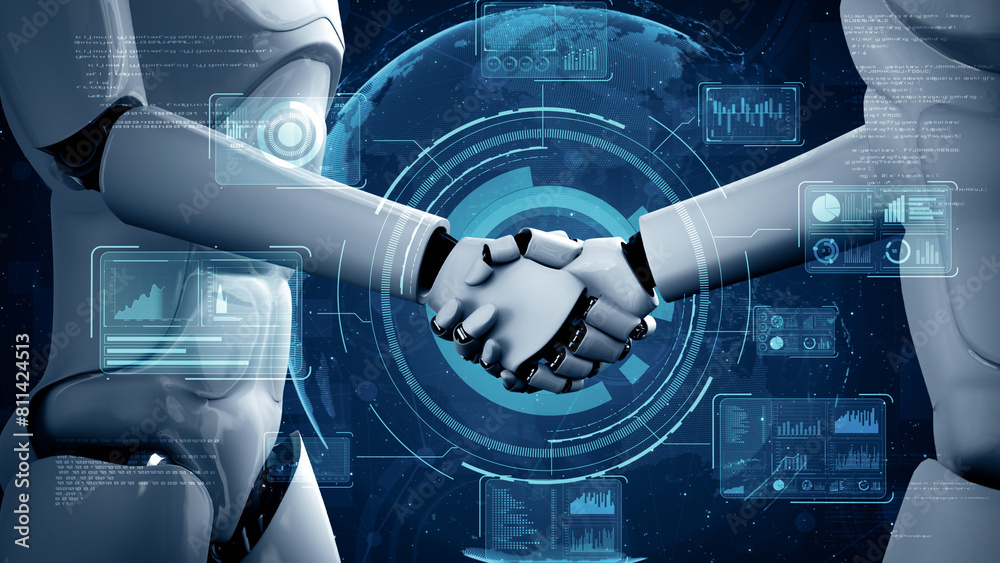 MLP 3d illustration hominoid robot handshake to collaborate future ...