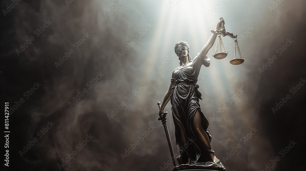 Statue of Lady Justice with scales and sword on a dark background with ...