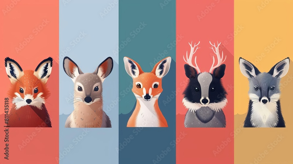 Wildlife illustrations flat design front view animal portrayals theme ...