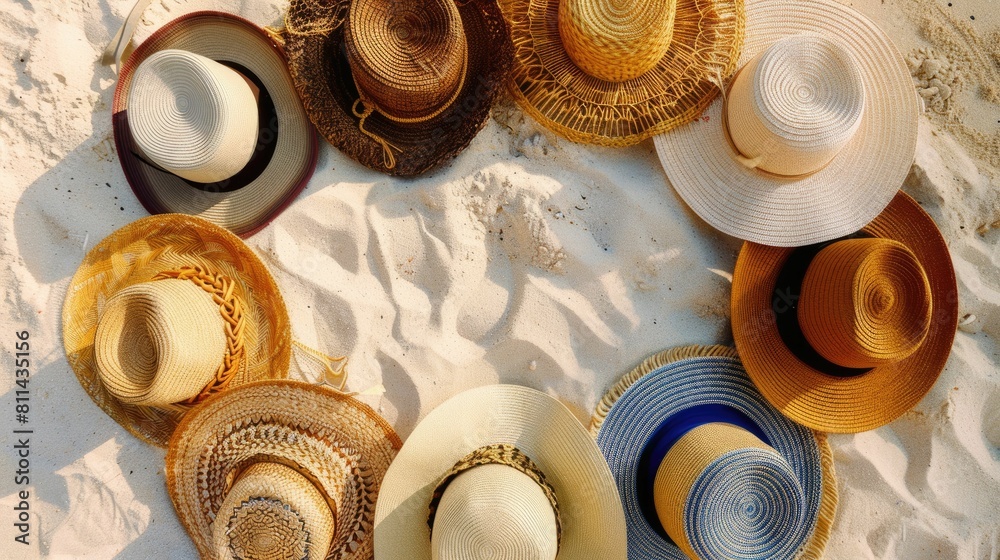A stack of hats forming a circle pattern on the beach, resembling a ...