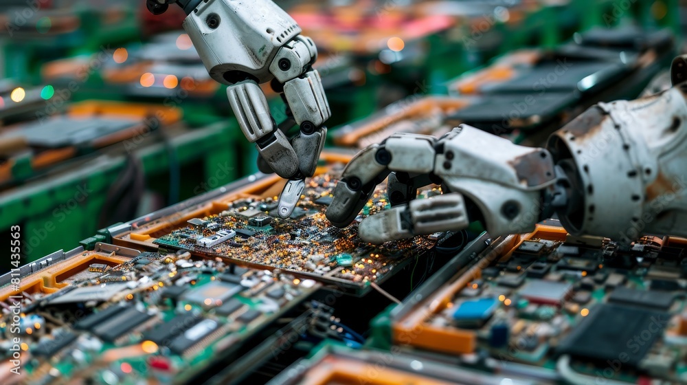 Close-up of a robot worker at an e-waste recycling plant, sorting and ...