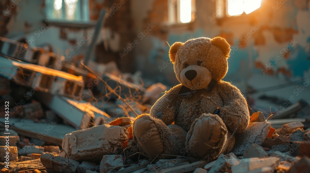 Broken and abandoned teddy bear resting on the rubble of a crumbled ...