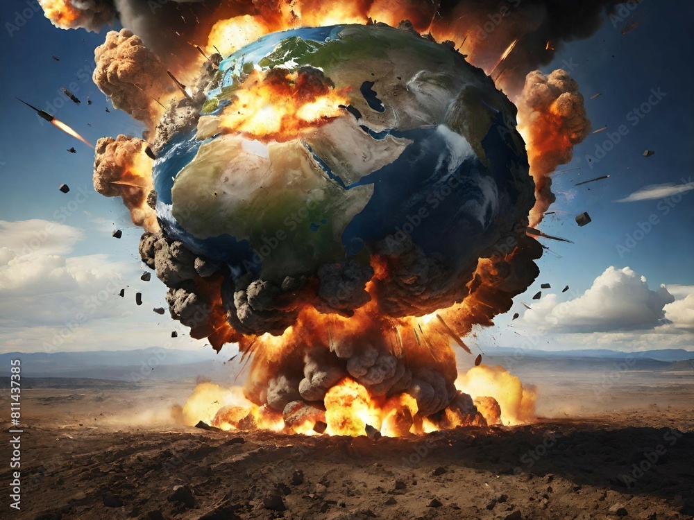 explosion of a bomb and earth globe with a huge explosion in the middle ...