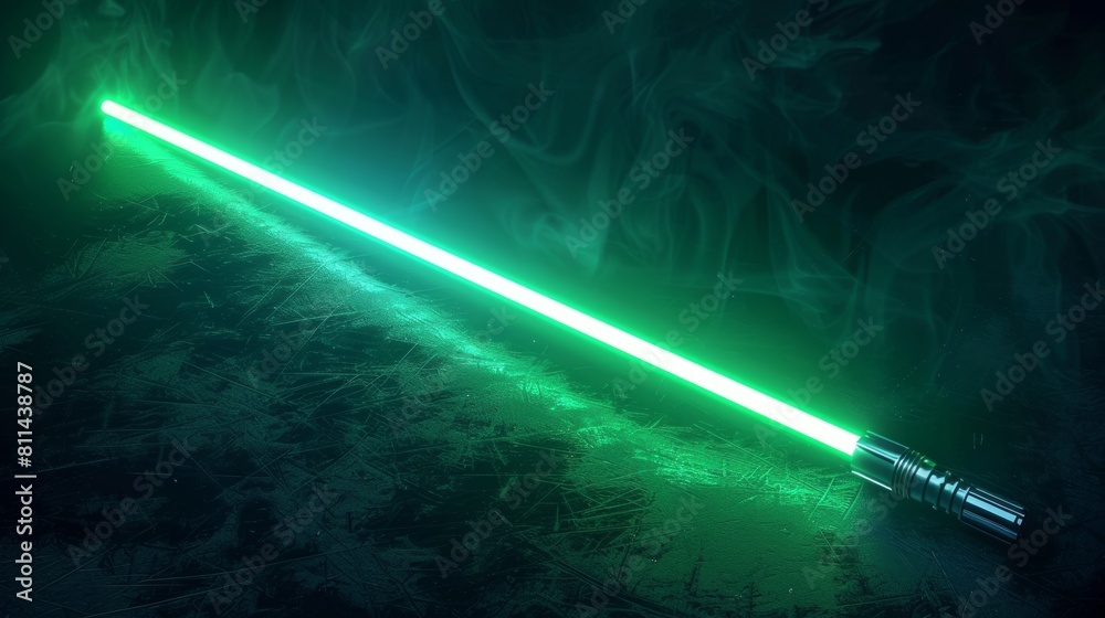 Bright green lightsaber blade shining against a dark backdrop, isolated ...