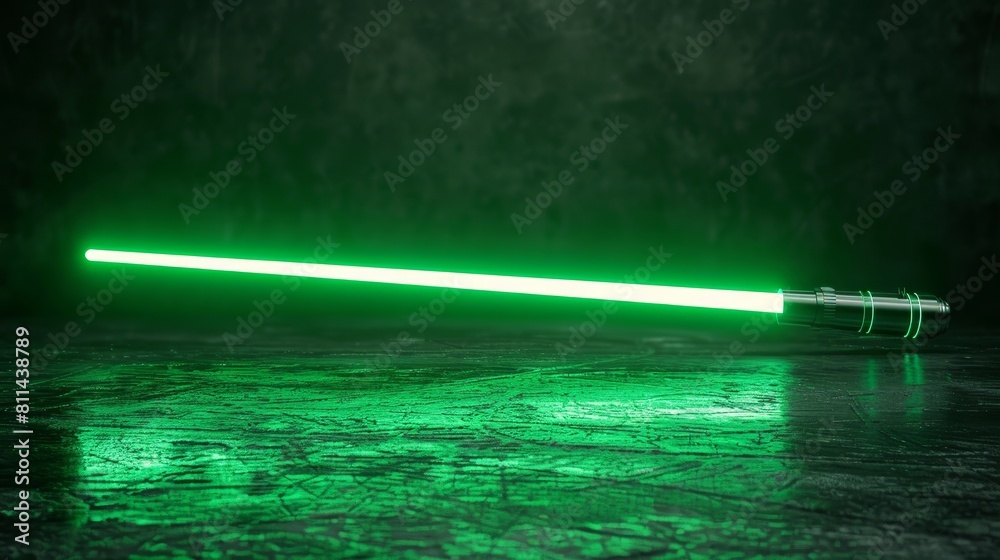 Bright green lightsaber blade shining against a dark backdrop, isolated ...