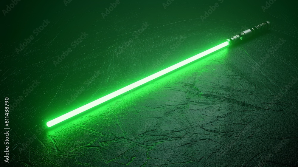 Bright green lightsaber blade shining against a dark backdrop, isolated ...