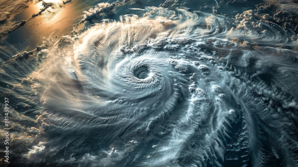 Brightly lit satellite image of a hurricane's eye tightly surrounded by ...