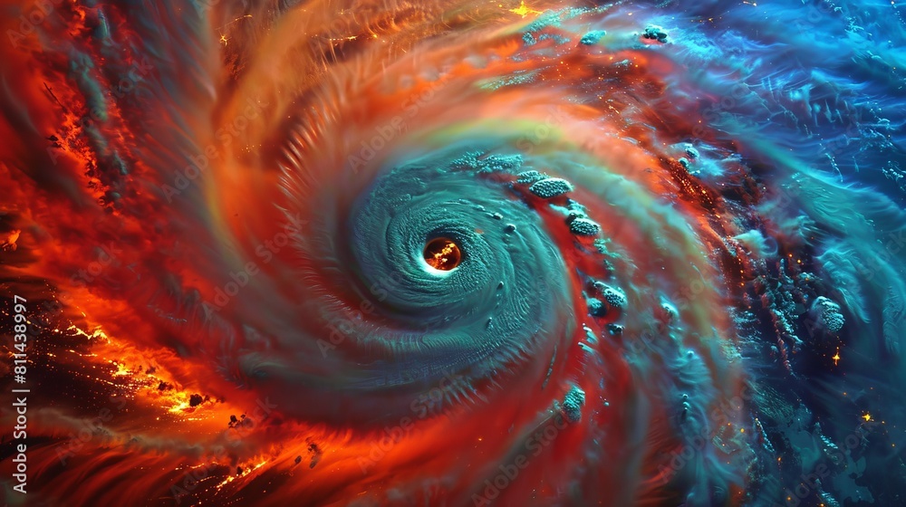 Brightly lit close-up satellite view of a super typhoon's eye, the ...