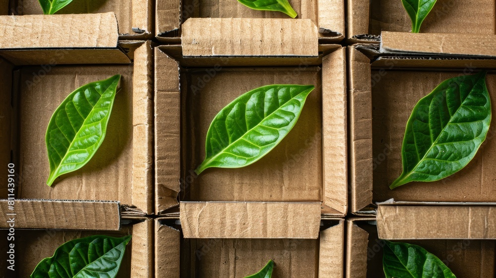 Artistic top view of green leaf sprouts in recycled cardboard boxes, on ...