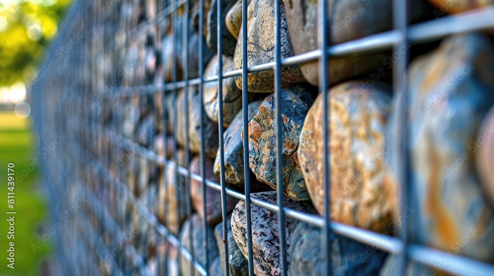 Fencing made of gabion wire mesh filled with natural stones and ...