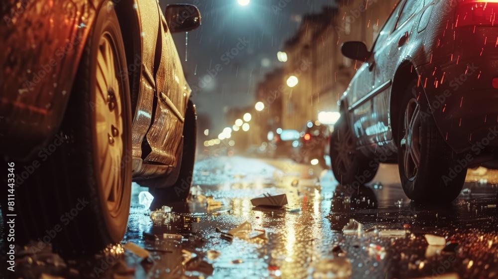 Detailed shot of two cars involved in a traffic accident, broken ...