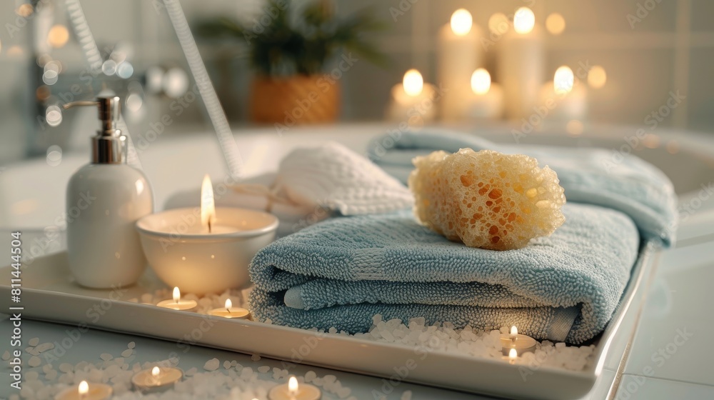 Home spa setup in a bathroom, white ceramic tray with a blue towel ...