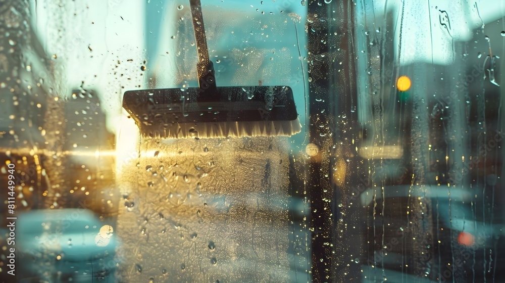 Squeegee Sliding Down Soapy Window Reflects City Morning Bustle Stock ...
