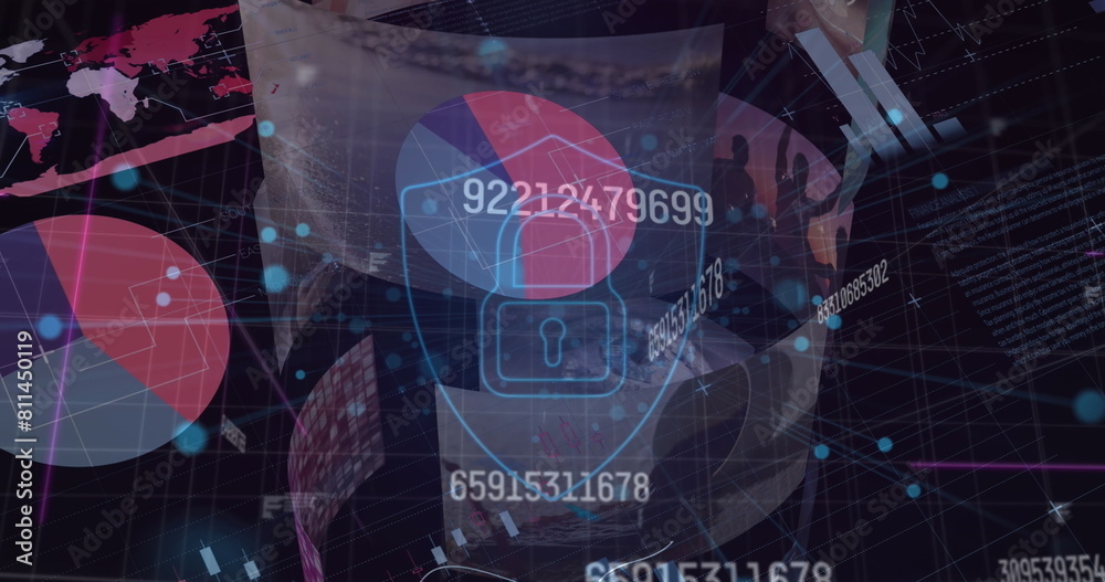Image of rotating hud interface, graphs, database and padlock in shield over abstract background ...
