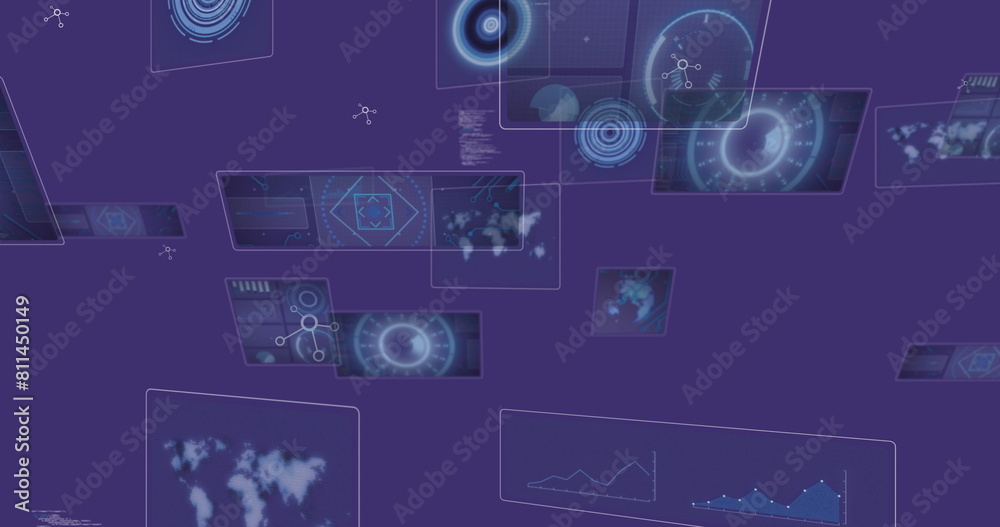 Image of floating nucleotides over circles, radars, maps and globe against abstract background ...
