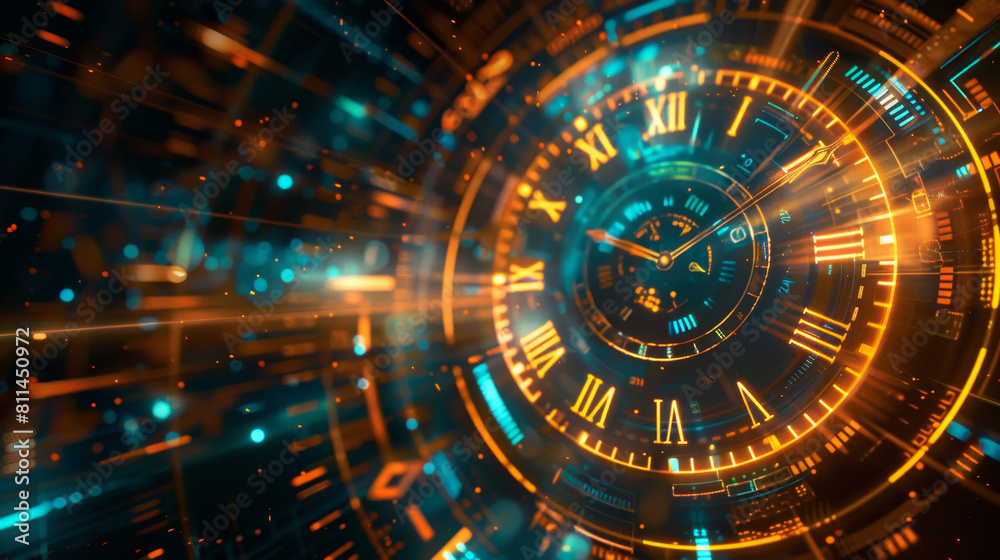 time concept, magical clock face and numbers on the futuristic glowing ...