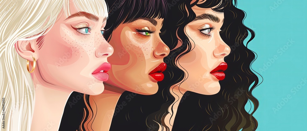 ภาพประกอบสต็อก Three women's faces closeup, one blonde with straight ...