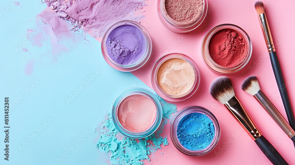 Colorful pastel background with different makeup powders in round jars ...