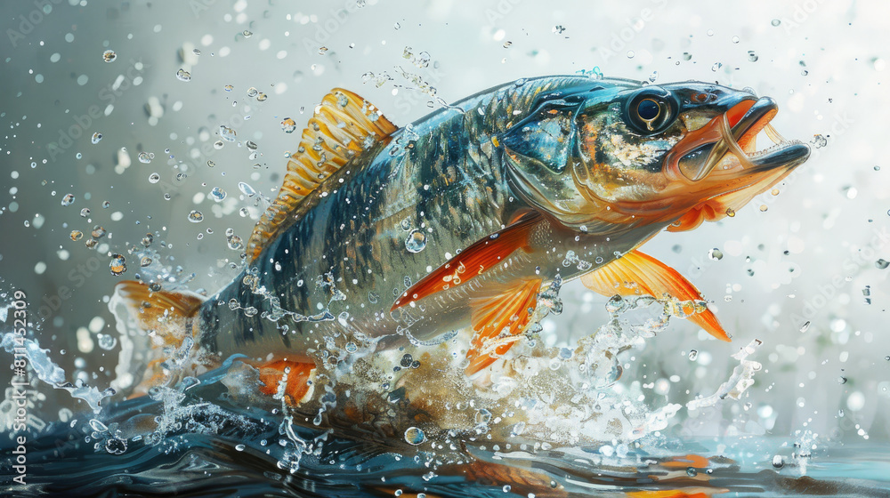 Painting of a Perch fish with a fish head in the water, suitable for ...