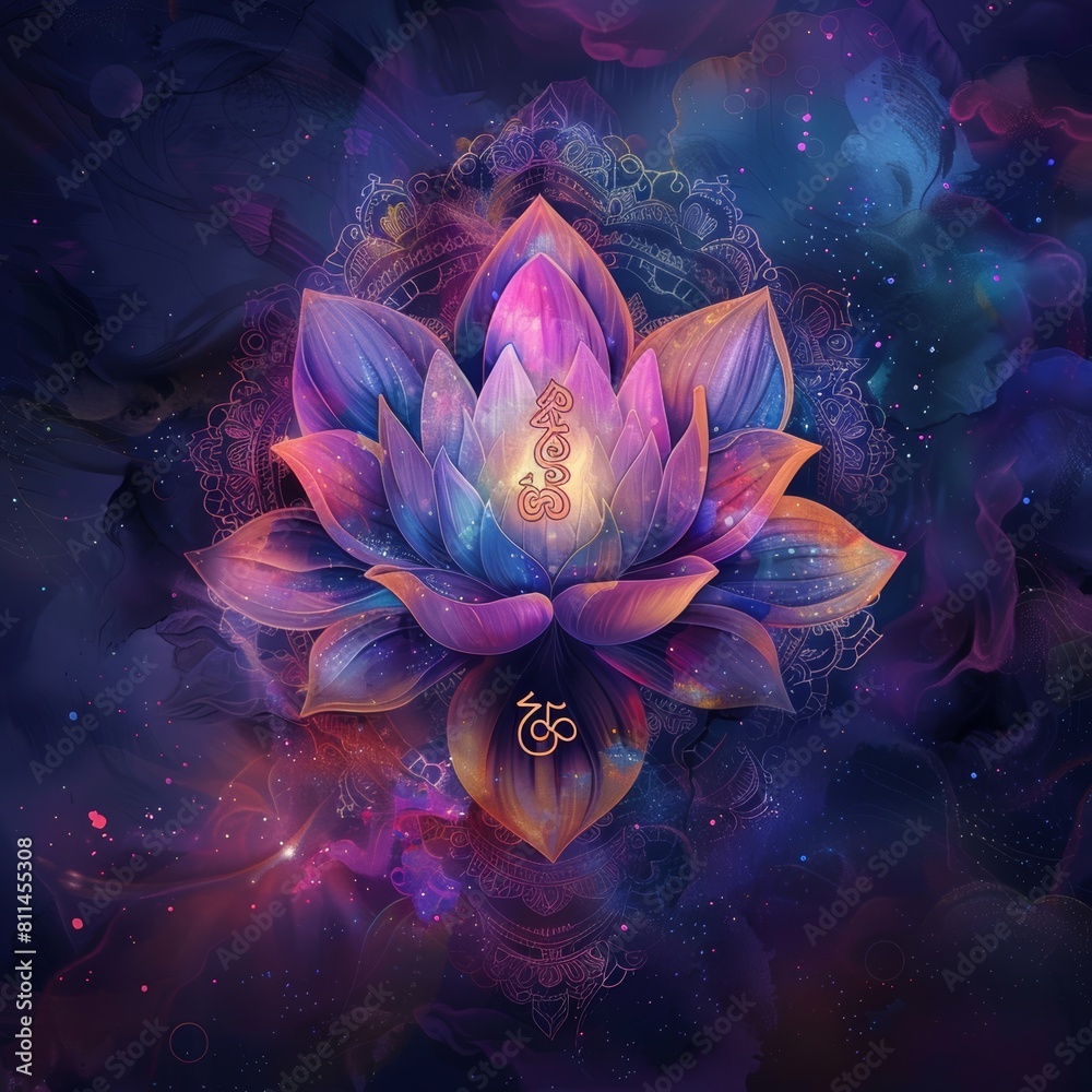 Hindu lotus flower with the crown chakra symbol floating in the ...