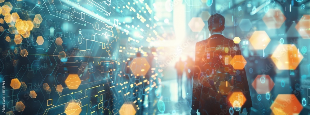 Business people use virtual screens to visualize data of security and ...