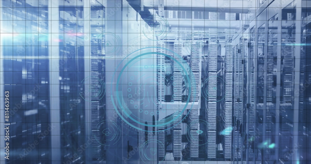 Image of fingerprint, icons and data security text in circle, data server systems in server room ...