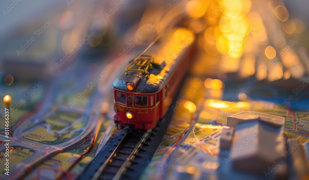 Toy train on a map travelling, close up shot, scenic, created with AI ...