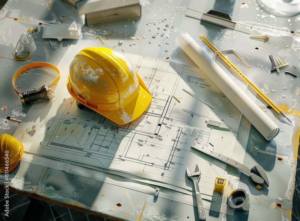 Tabletop with construction helmet, blueprints and tools on it in the ...