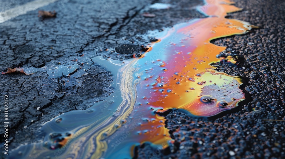 Gasoline spilt on a damp parking area forms a colorful oil sheen Stock ...