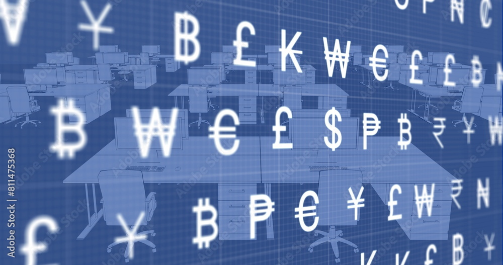 Image of multiple currency symbols over grid network against 3d office ...