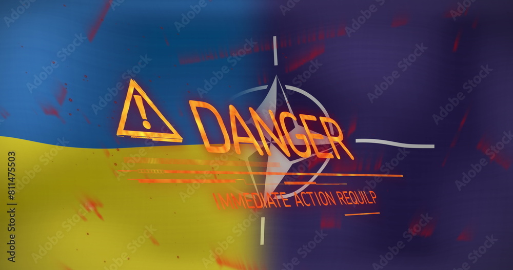 Image of danger text banner with caution symbol against waving ukraine ...