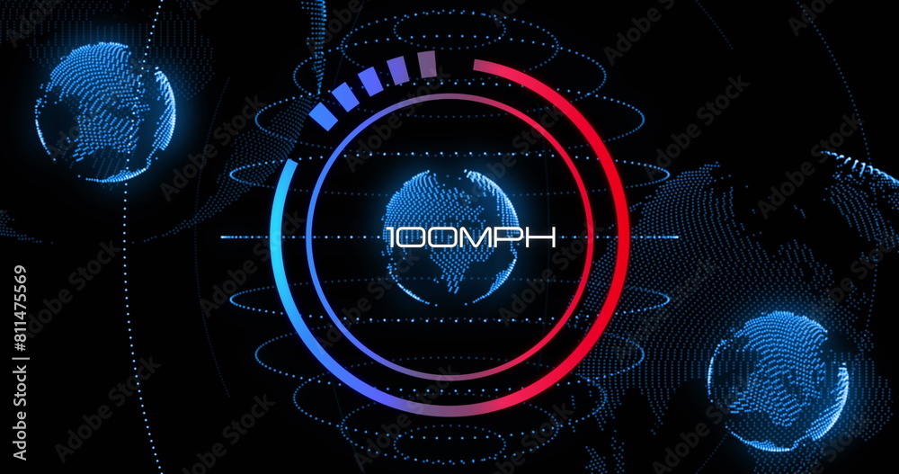 Image of changing numbers and globe in loading circles over globes ...