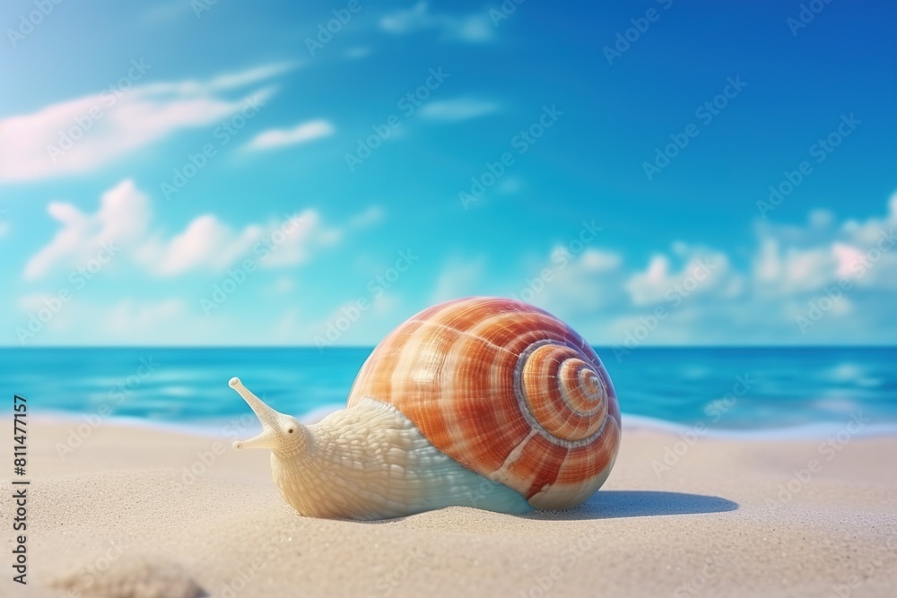 Sea Snail Banner on Sandy Beach with Tropical Sea and Blue Sky Stock ...
