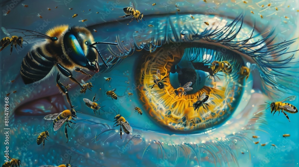 A mesmerizing artwork showcasing the intricate dance of bees around a ...